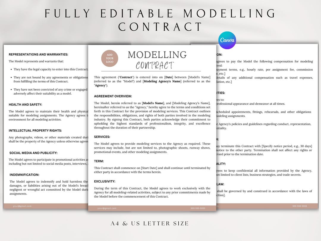 Editable Model Contract Template, Customizable Release Form (canva) - Etsy