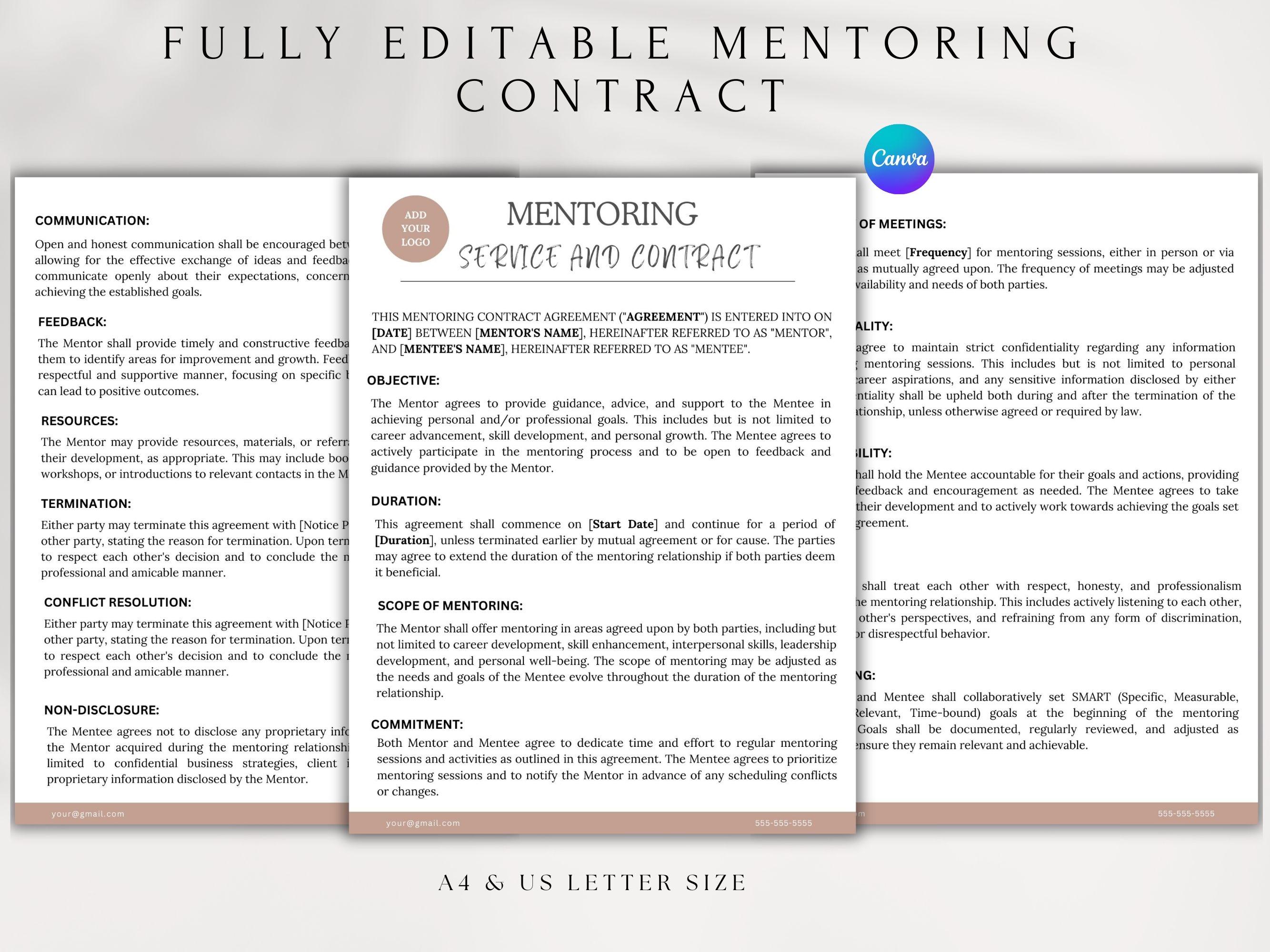 Editable Mentoring Contract Template | Coaching and Mentorship ...