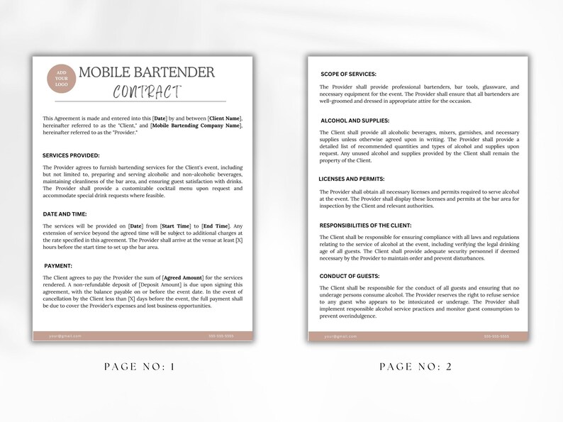 Editable Mobile Bar Contract Template | Bartender Service Agreement ...