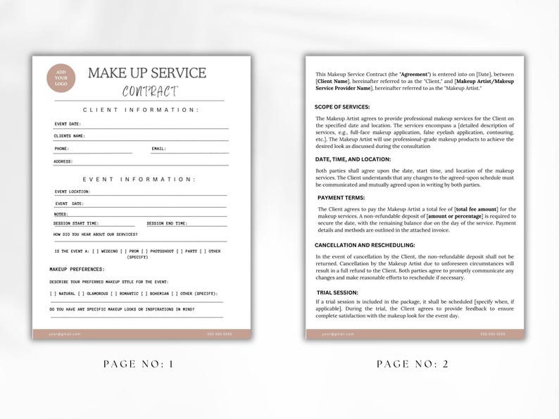 Editable Makeup Artist Contract Template | MUA Service Form (canva PDF ...