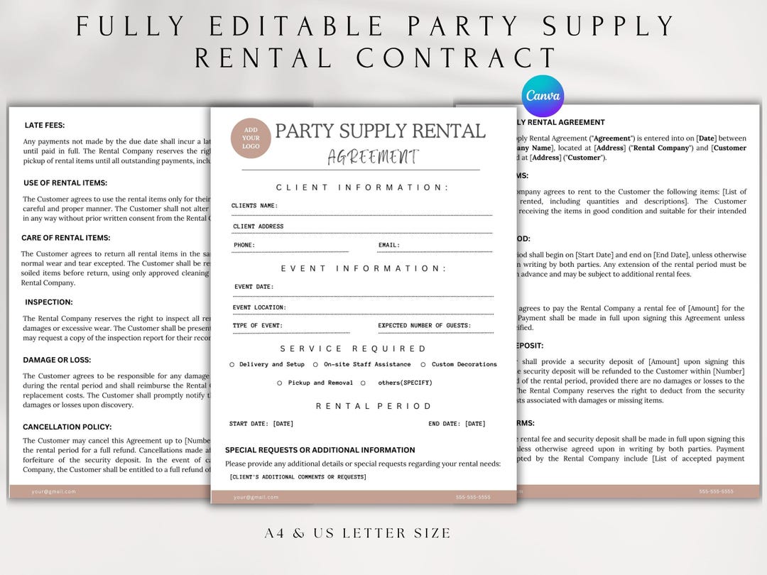 Party Supply Rental Contract Template | Editable Canva Form (instant ...