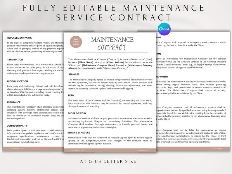 Editable Maintenance Contract Template | Customizable Service Agreement Form | Professional ...