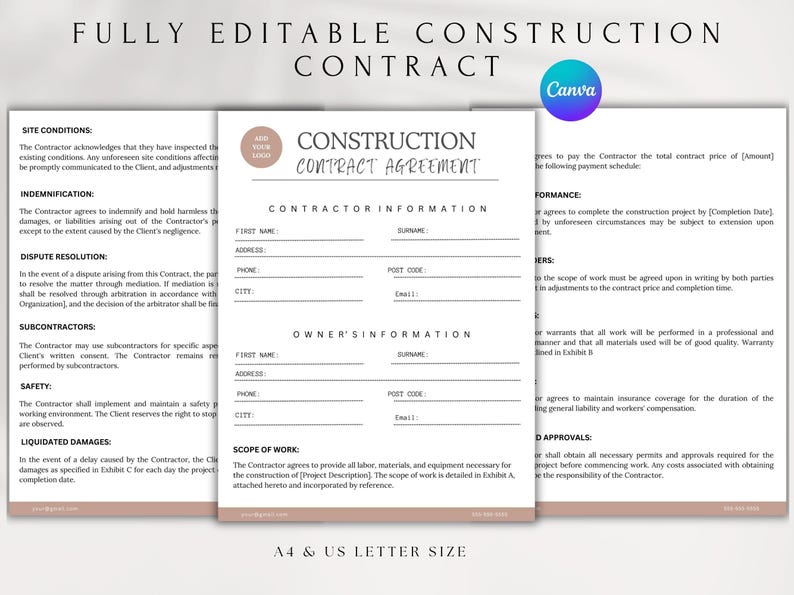 Editable Construction Contract Template, Construction Agreement Form ...