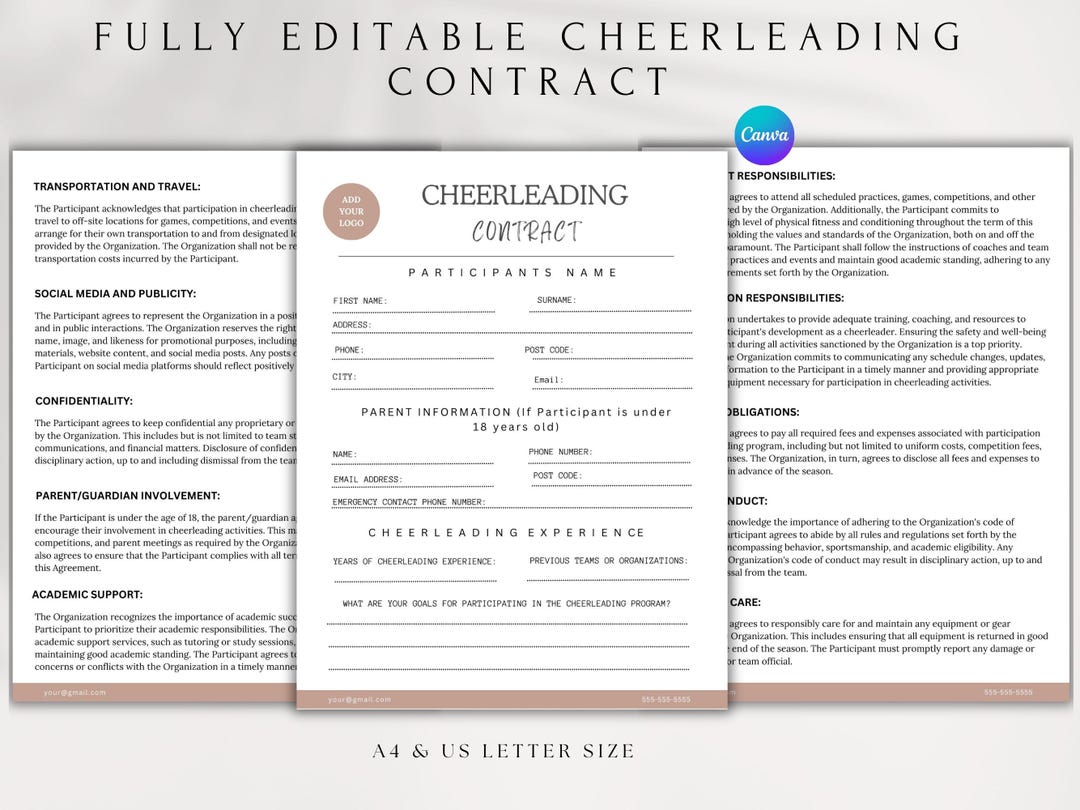 Editable Cheerleading Contract Template, Coaching Forms & Athlete Paperwork, Cheer Team ...