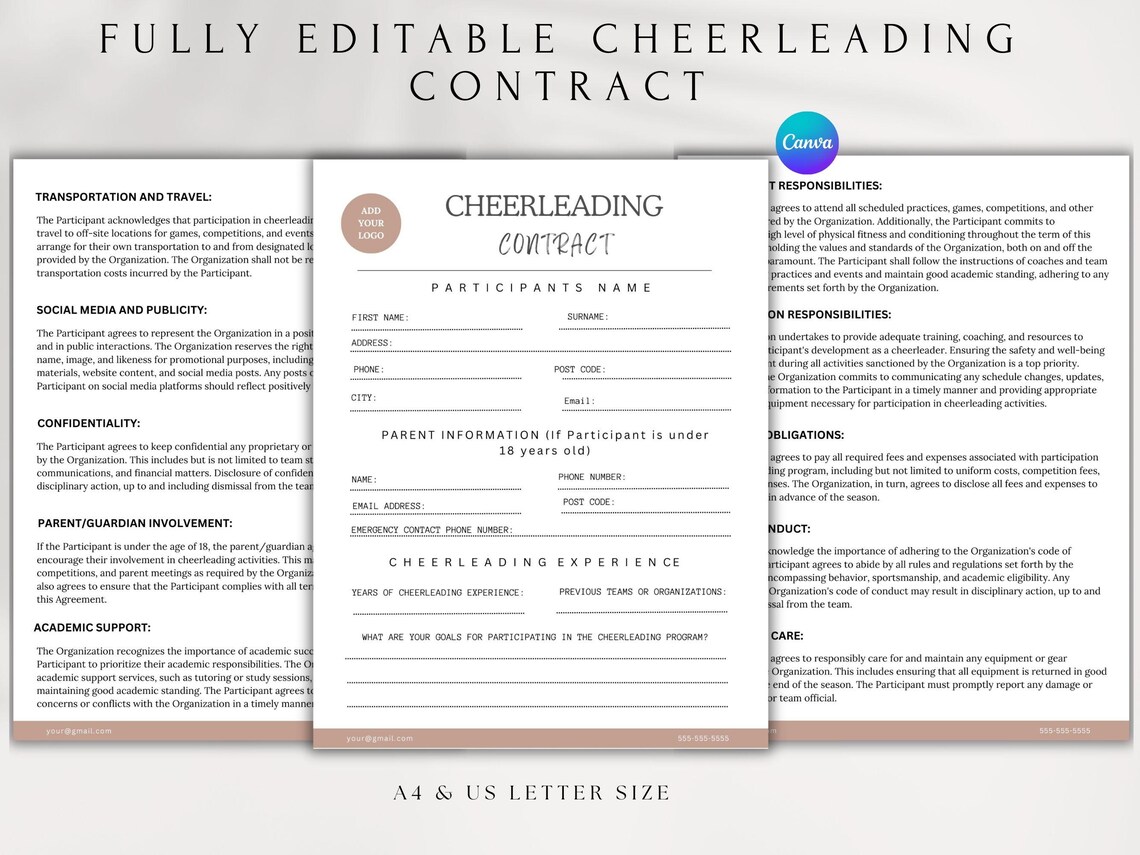 Editable Cheerleading Contract Template, Coaching Forms & Athlete ...