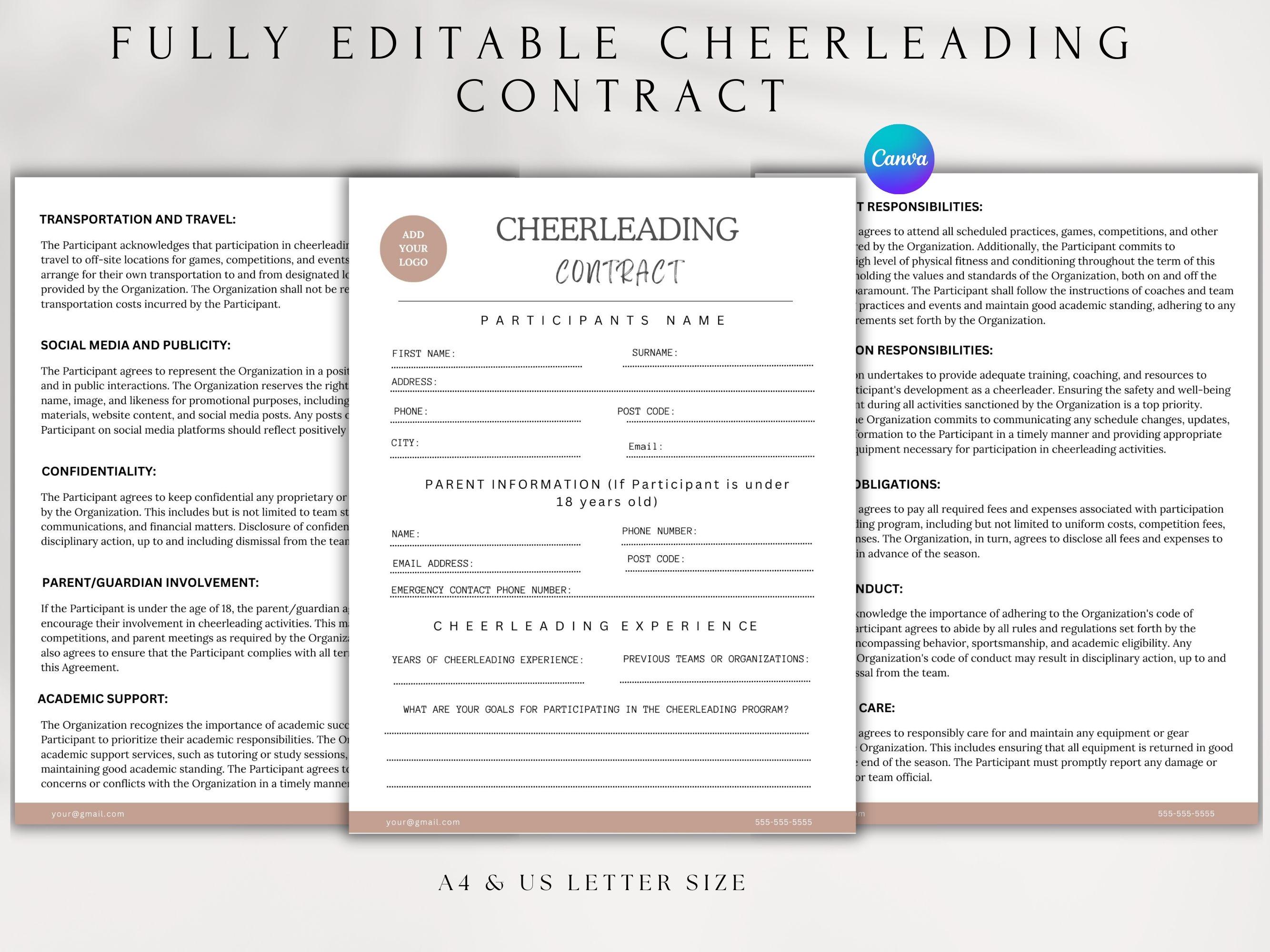 Editable Cheerleading Contract Template, Coaching Forms & Athlete ...