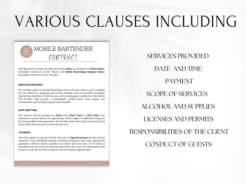 Editable Mobile Bar Contract Template | Bartender Service Agreement ...