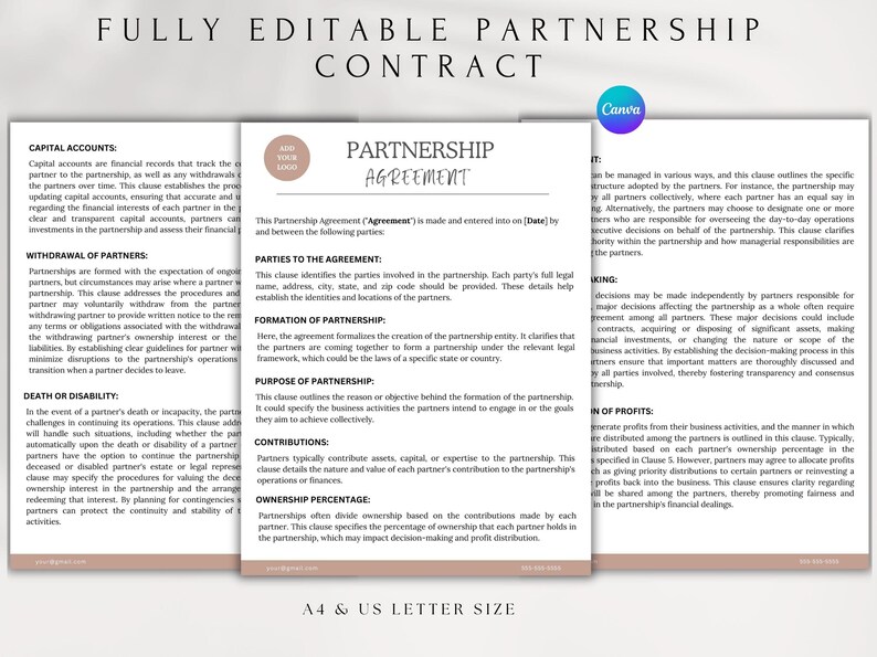 Editable Partnership Agreement Template, Business Contract (canva PDF ...