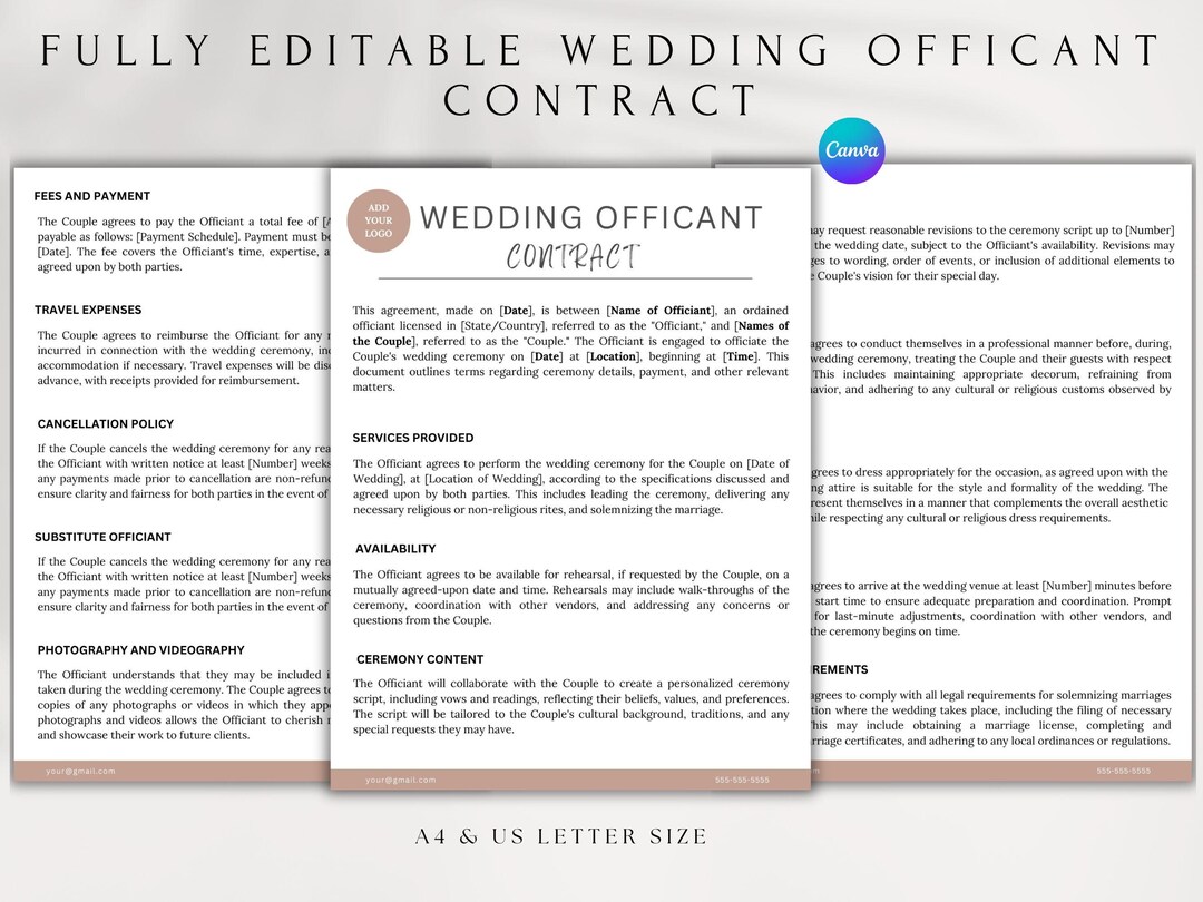 Editable Wedding Officiant Contract Template, Officiant Agreement Form ...