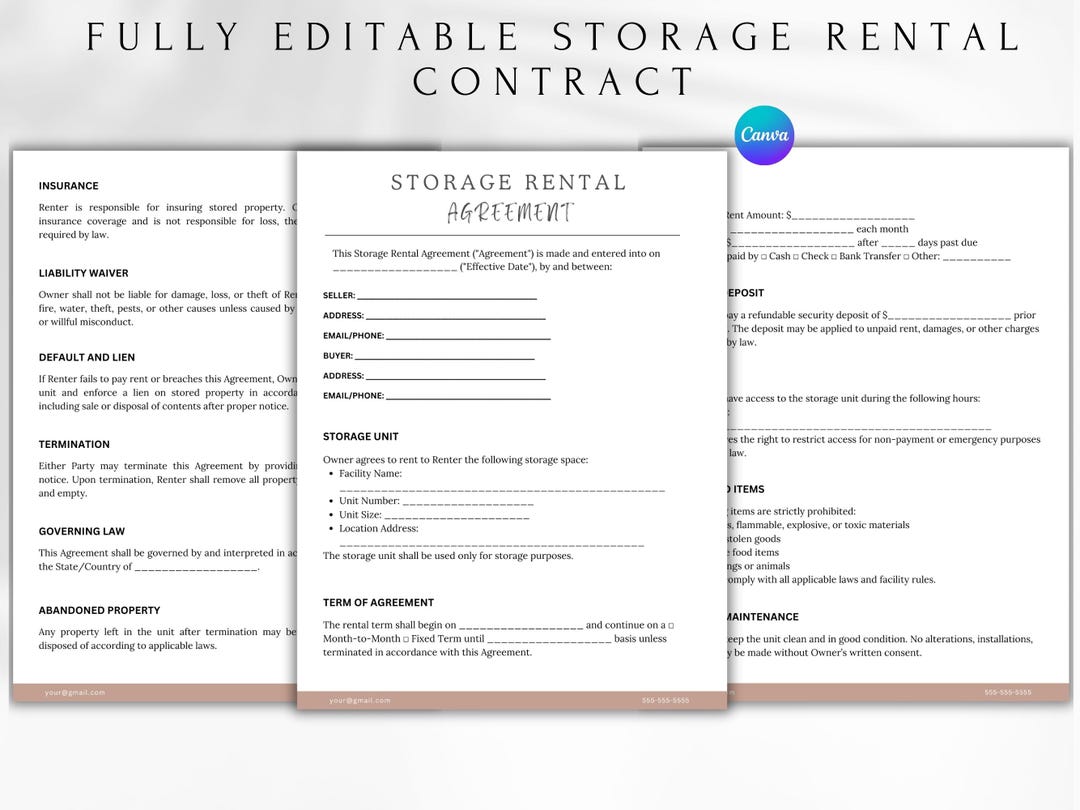 Storage Rental Agreement Template - Canva Editable Digital Download ...