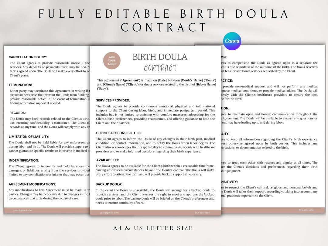 Editable Birth Doula Contract Template | Doula Services Agreement ...