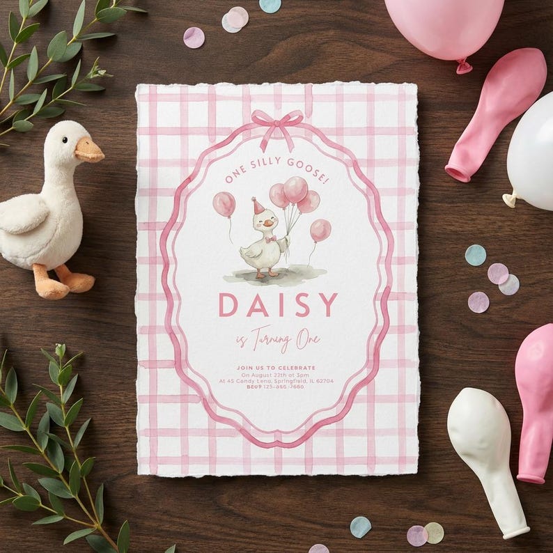 Editable One Silly Goose 1st Birthday Invitation Girl: Canva Template ...