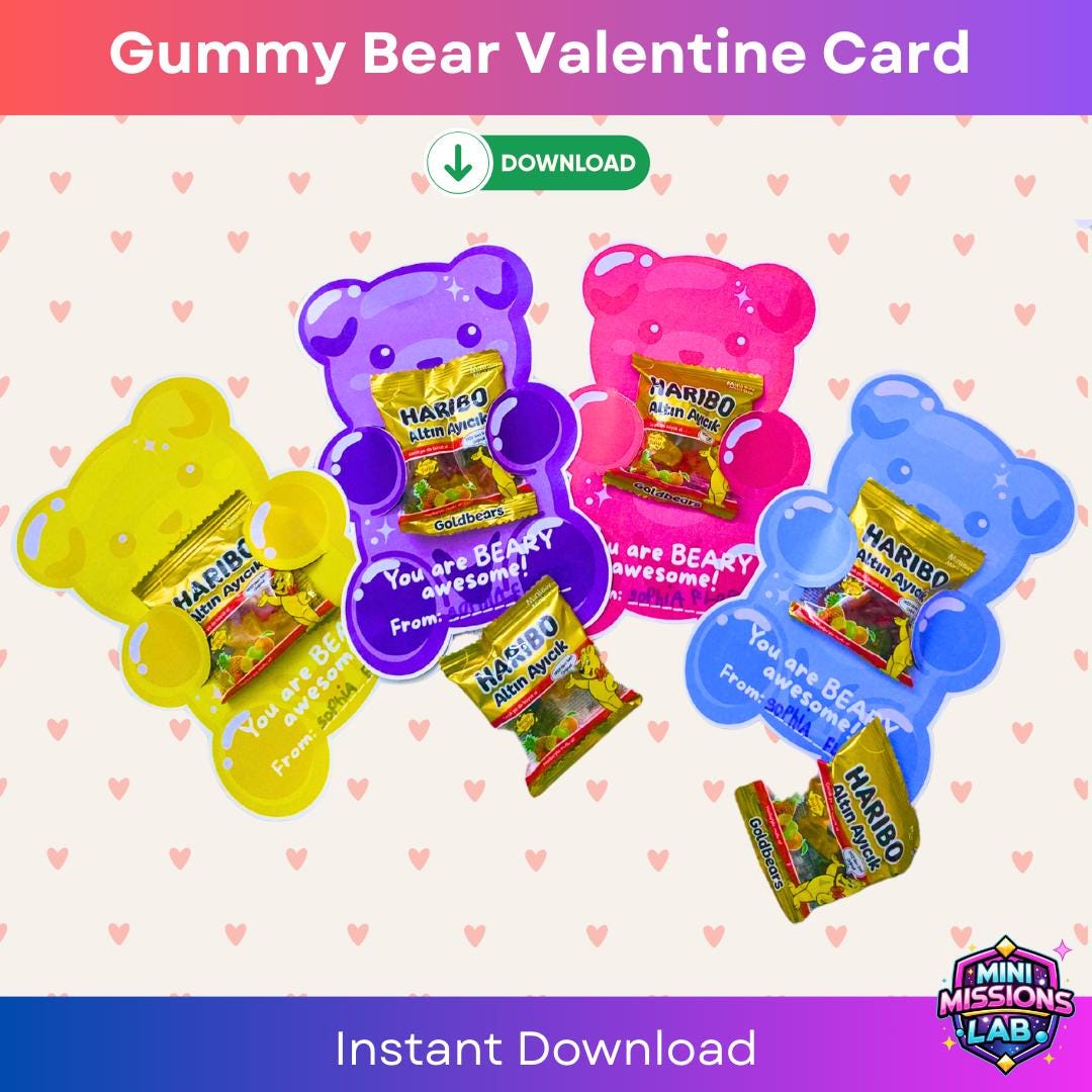 Gummy Bear Valentine Cards: Printable Classroom Treat Tags (digital ...
