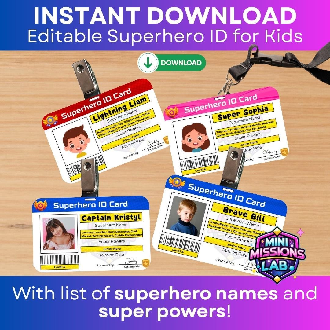 Printable Superhero ID Badge for Kids Birthday Party Favor Pretend Play ...