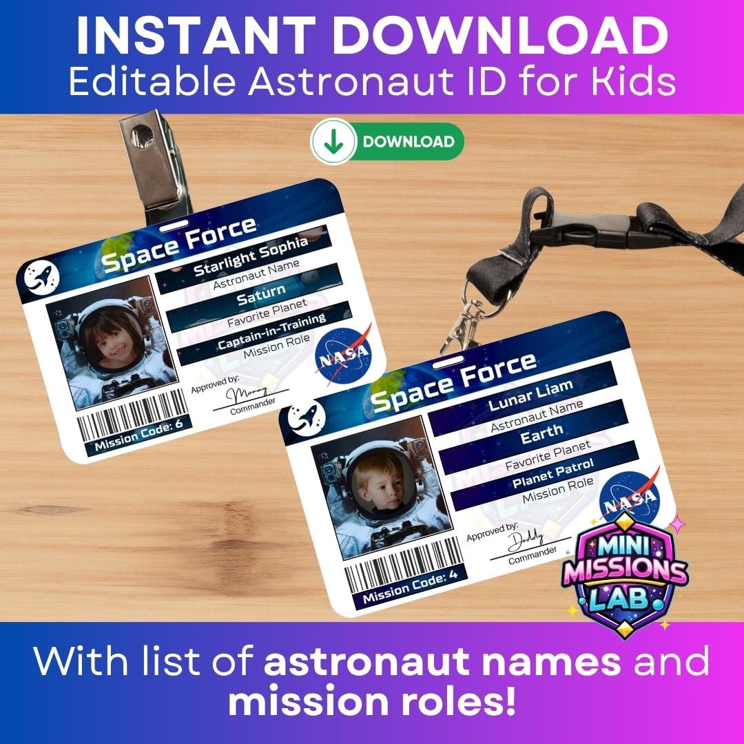 Printable Astronaut ID Badge for Kids – Outer Space Pretend Play ...