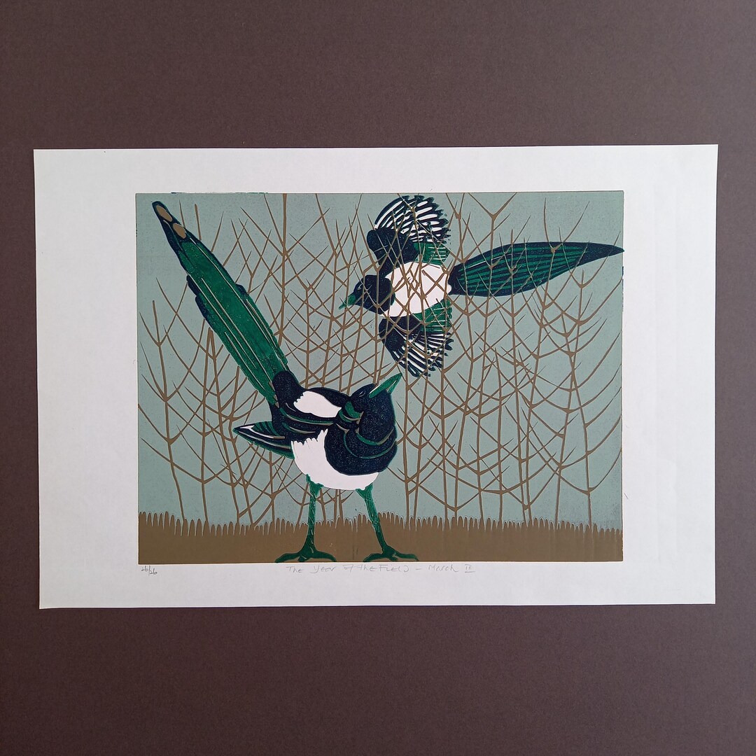 Vintage Limited Edition Print: "march Iii" - Magpies - Abstract Linocut ...
