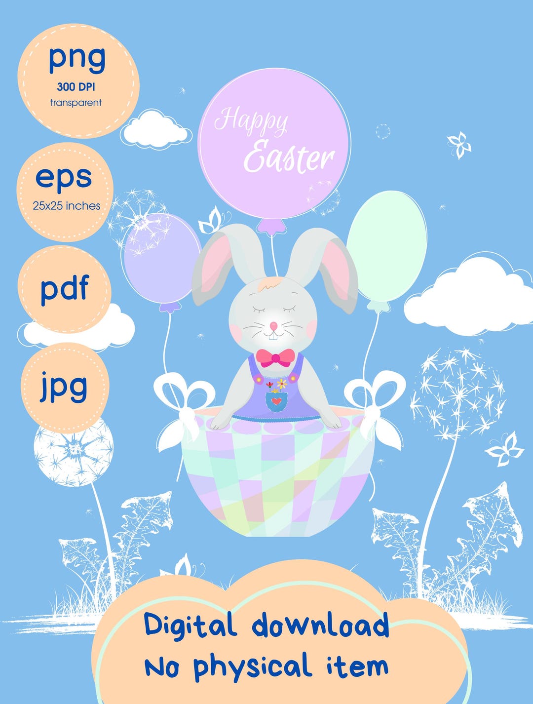 Easter Bunny Clipart With Balloons, Cute Rabbit Illustration, Easter ...