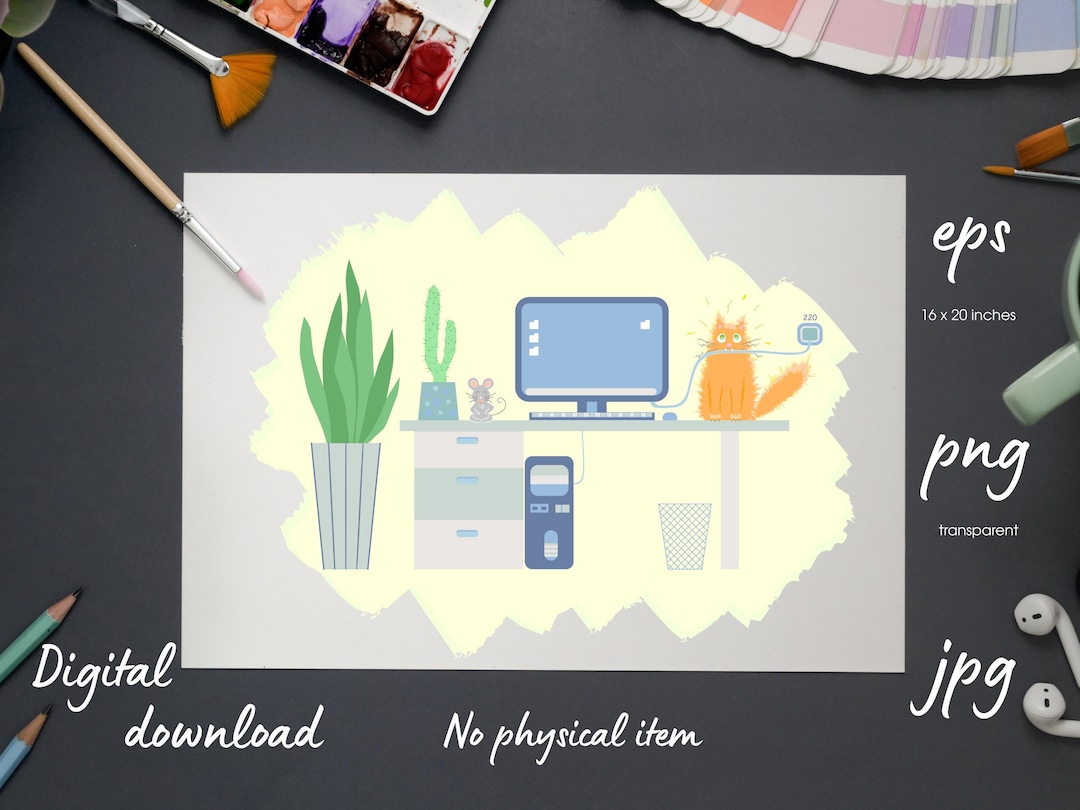 Funny Cat Biting Cable Vector Art: Office Humor (digital Download PNG ...