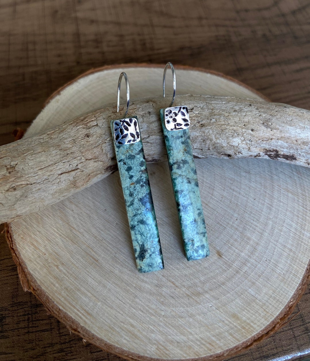 African Turquoise Long Slice Rectangular Slab Earrings, Natural Genuine ...