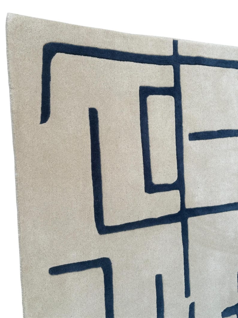 Abstract Line Art Rug, Modern Hand-tufted Wool Carpet, Navy and Beige ...
