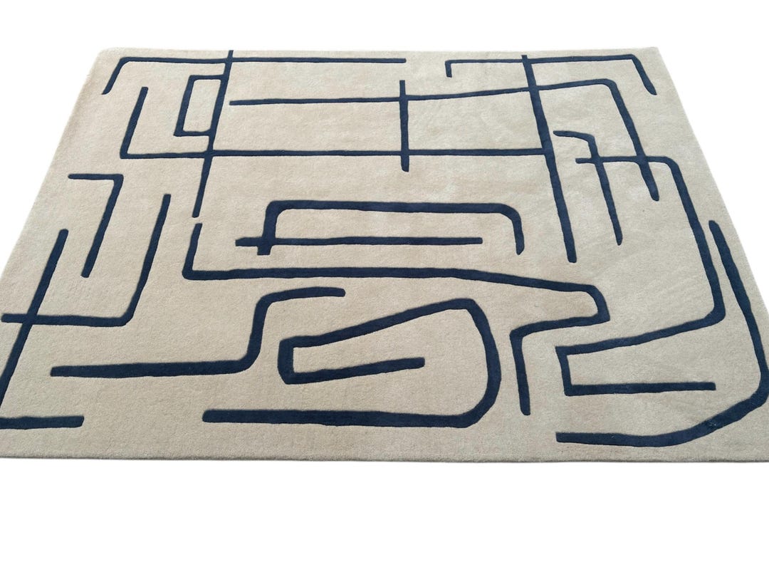 Abstract Line Art Rug, Modern Hand-tufted Wool Carpet, Navy and Beige ...