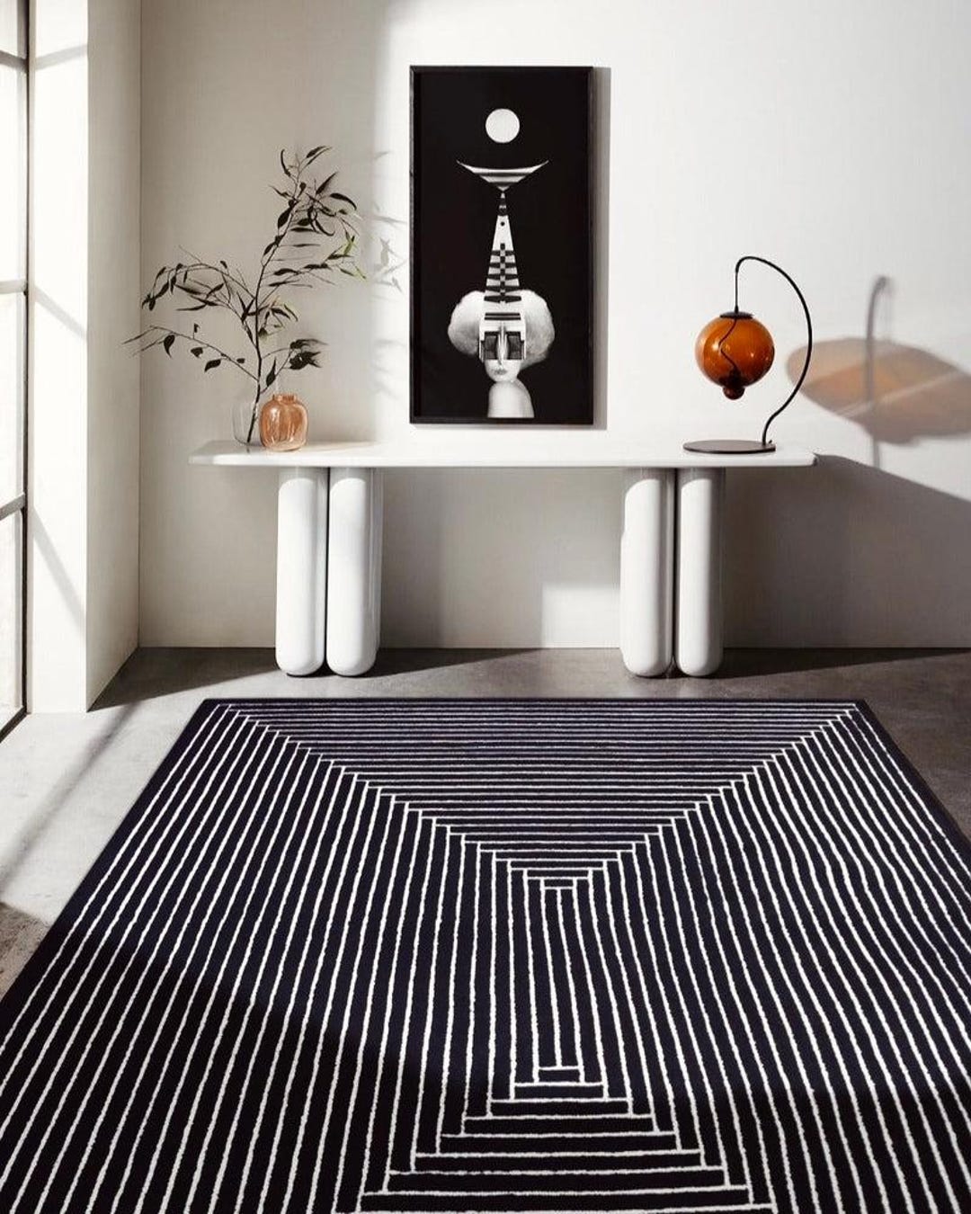 Modern Black & White Geometric Rug | Handwoven Minimal Line Pattern ...