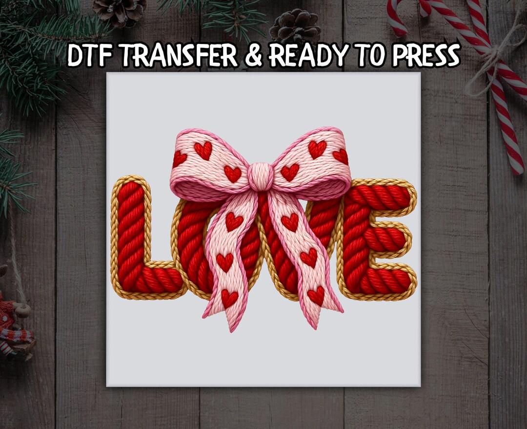 Valentine LOVE DTF, Heart Bow Faux Design DTF Transfer Ready for Press ...