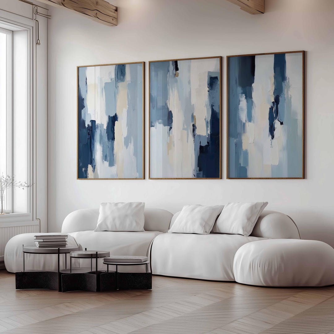 Navy Blue Large Abstract Wall Art Minimalist Abstract Blue Print Set of ...