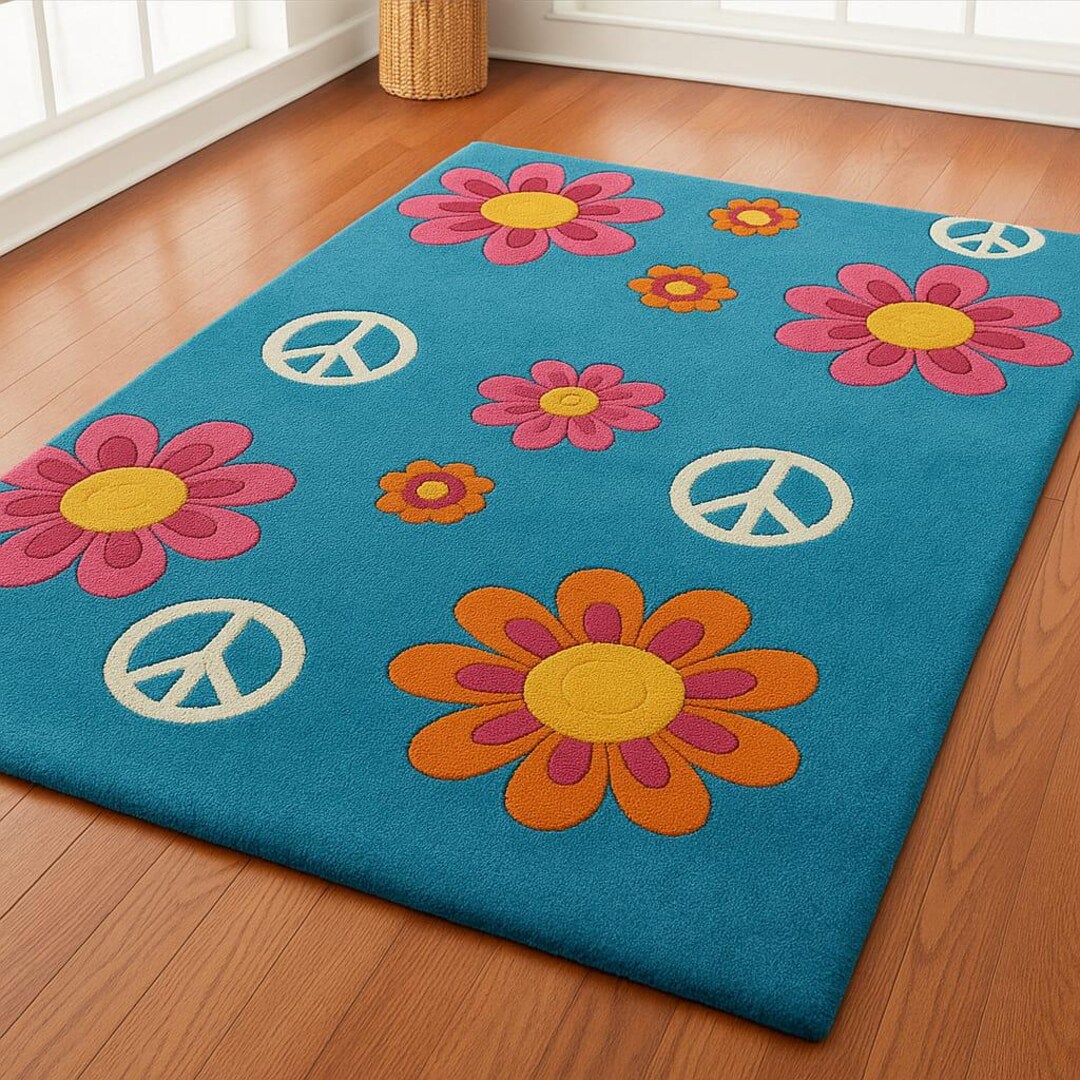 Boho Bloom Rugs | Colorful Floral Peace Sign Carpets | Retro Kids Room ...