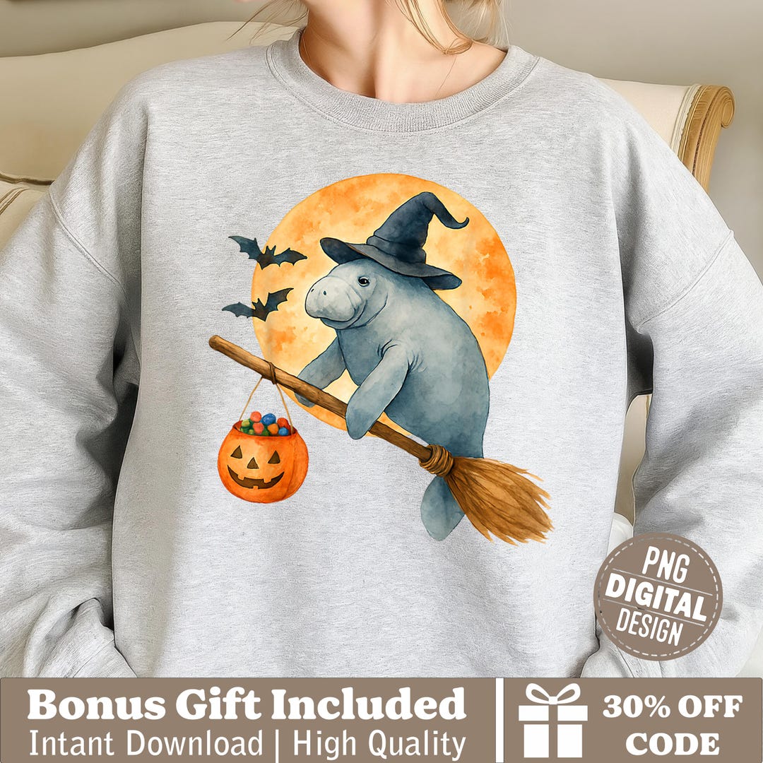 Halloween Manatee PNG, Cute Witch Sea Cow on Broomstick Sublimation ...