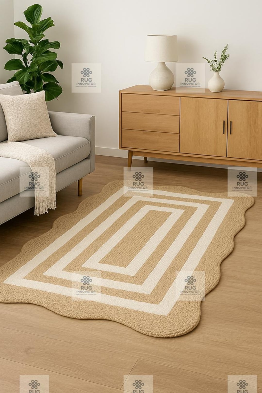 Handtufted Wavy Edge Rug: Beige & Cream Geometric Cut Pile Carpet - Etsy