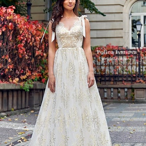 Gold Wedding Dress, Gold Lace Wedding Dress, Lace Wedding Dress, Rustic ...
