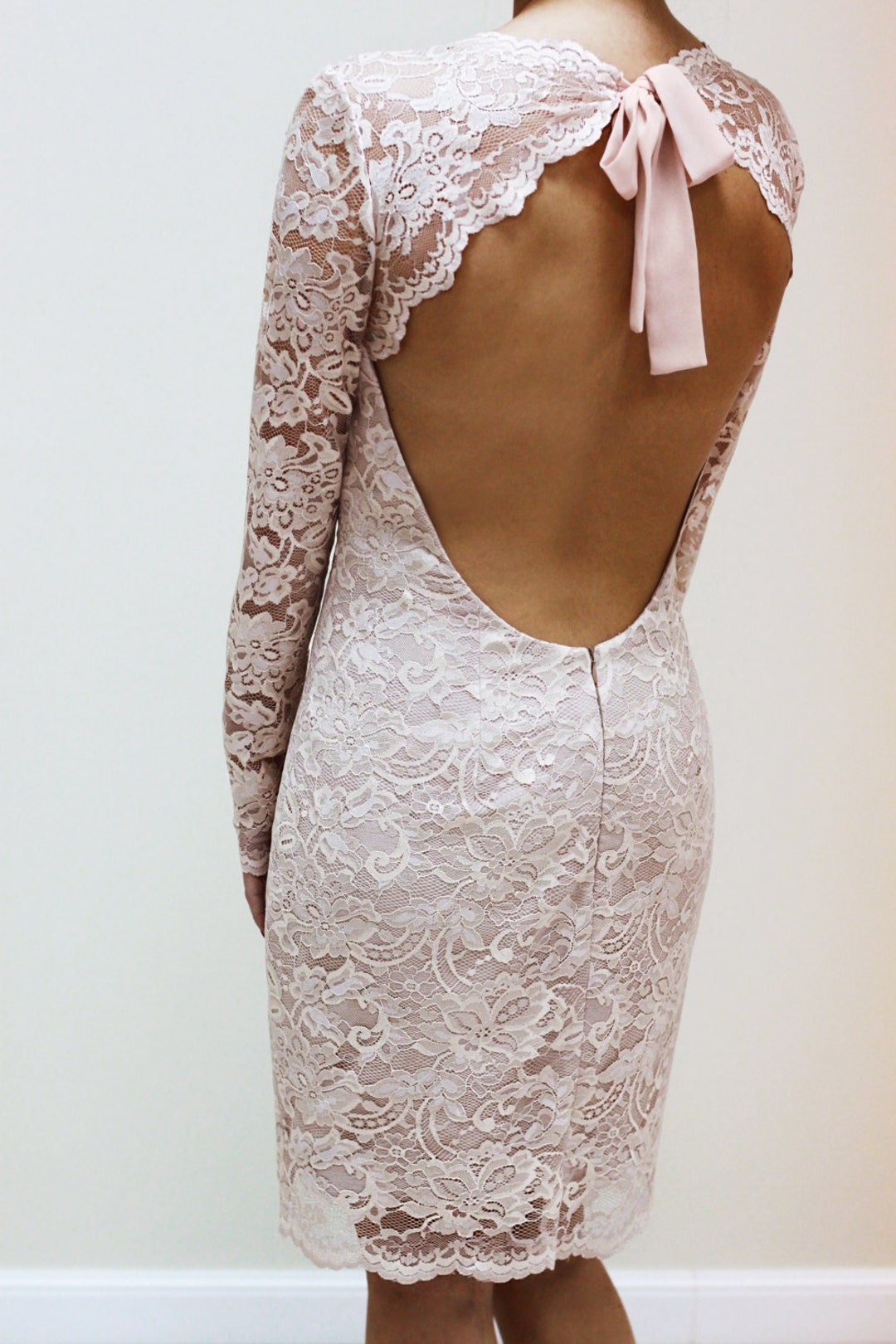 Lace Dress With Open Back and Long Sleeves, Reception Dress, Cocktail ...