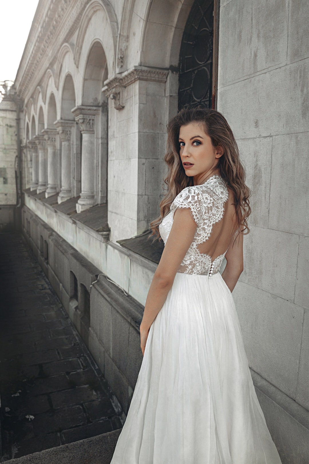 Flowy A-line Wedding Dress, Silk Chiffon Wedding Dress, Open Back ...