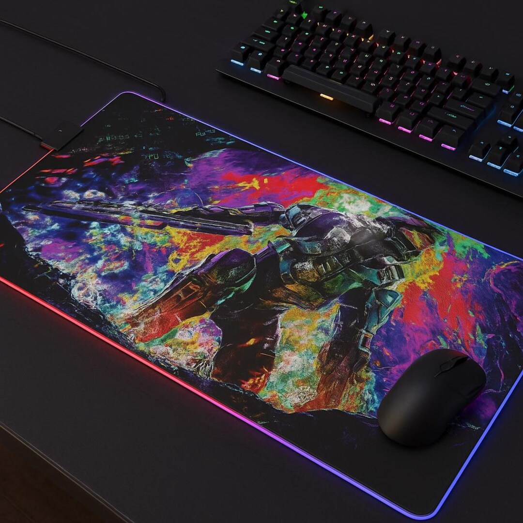 RGB LED Gaming Mouse Pad – Glitch Sci-fi Warrior Desk Mat – XL Extended ...