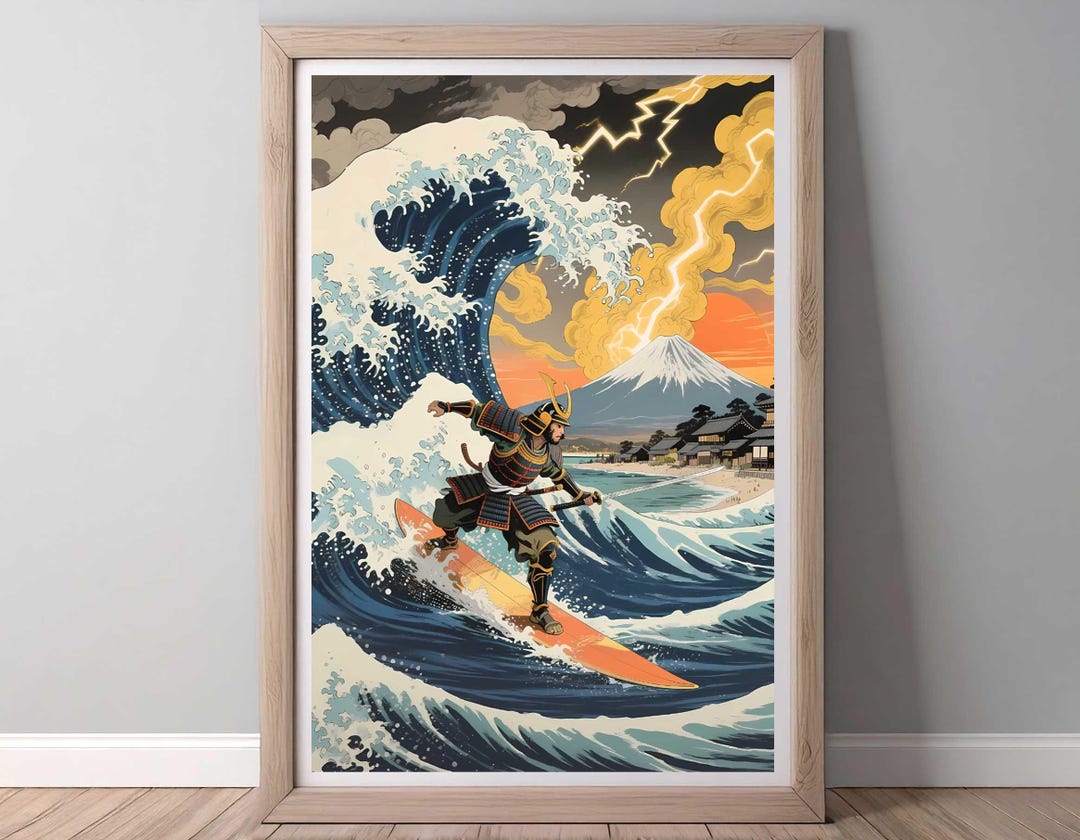 Thunder Samurai Surfer Poster / Ukiyo-e Great Wave Lightning Surf Art W ...