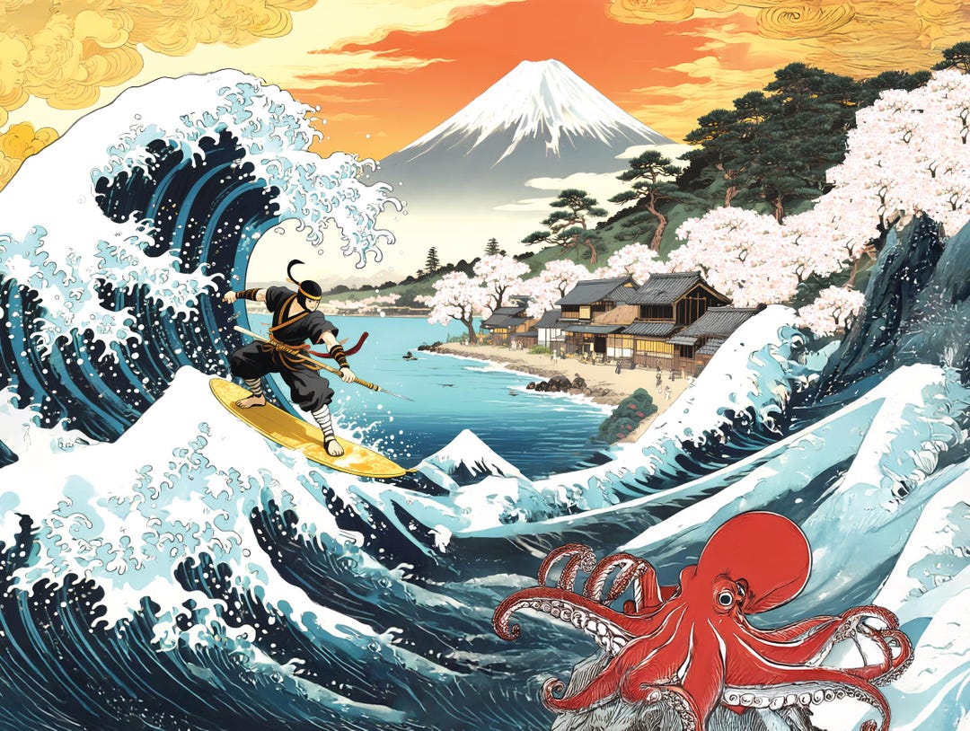 Ukiyo-e, Ninja Surfer Puzzle, Great Wave × Mount Fuji × Sakura ...