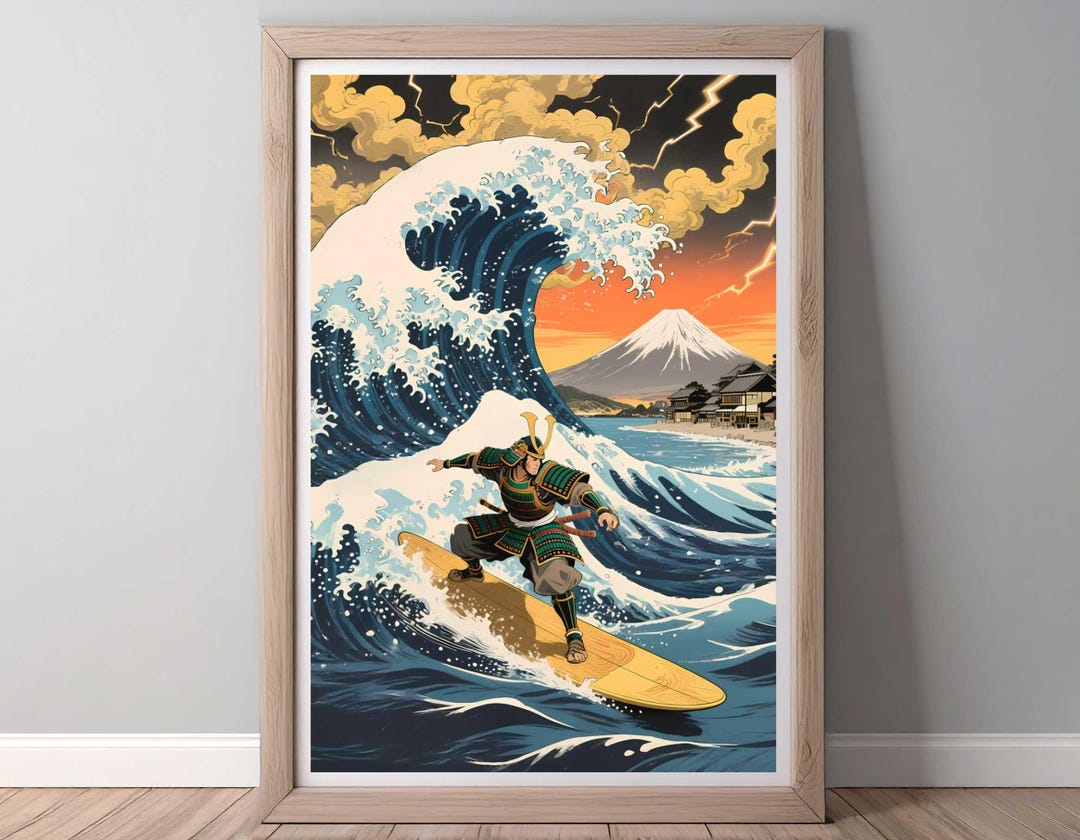 Storm Samurai Surfer Poster / Ukiyo-e Great Wave & Mt. Fuji Lightning ...