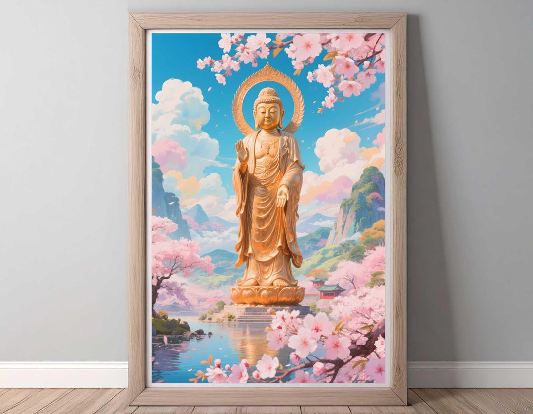 Golden Standing Buddha Poster | Japanese Zen Wall Art | Cherry Blossom ...