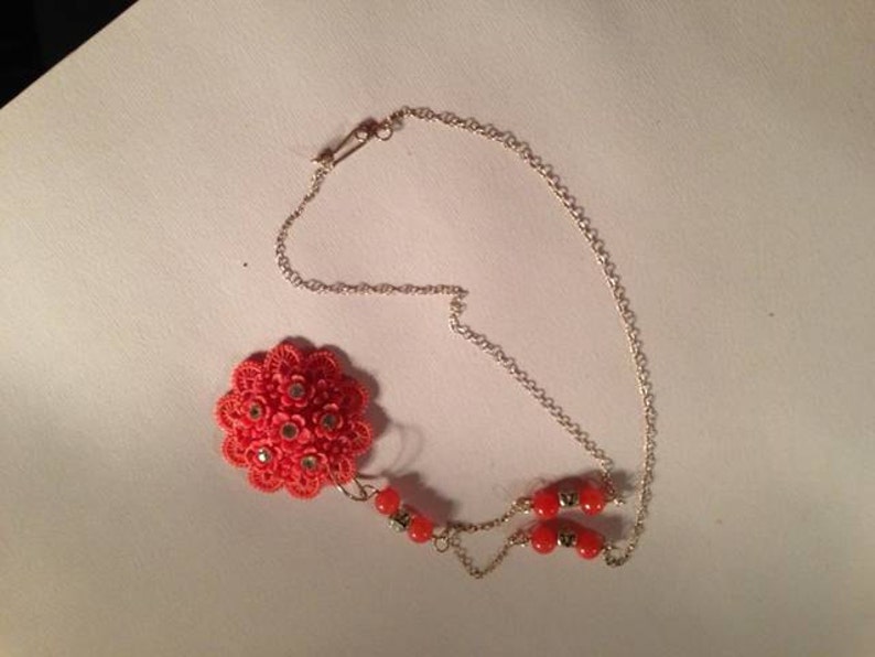 Coral Necklace - Rhinestone Jewelry - Retro Vintage Pendant - Sterling ...