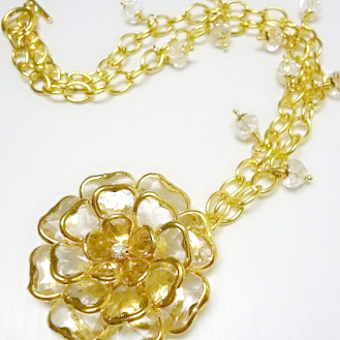 Flower Necklace - Gold Chain Necklace - Clear Crystal Jewellery ...