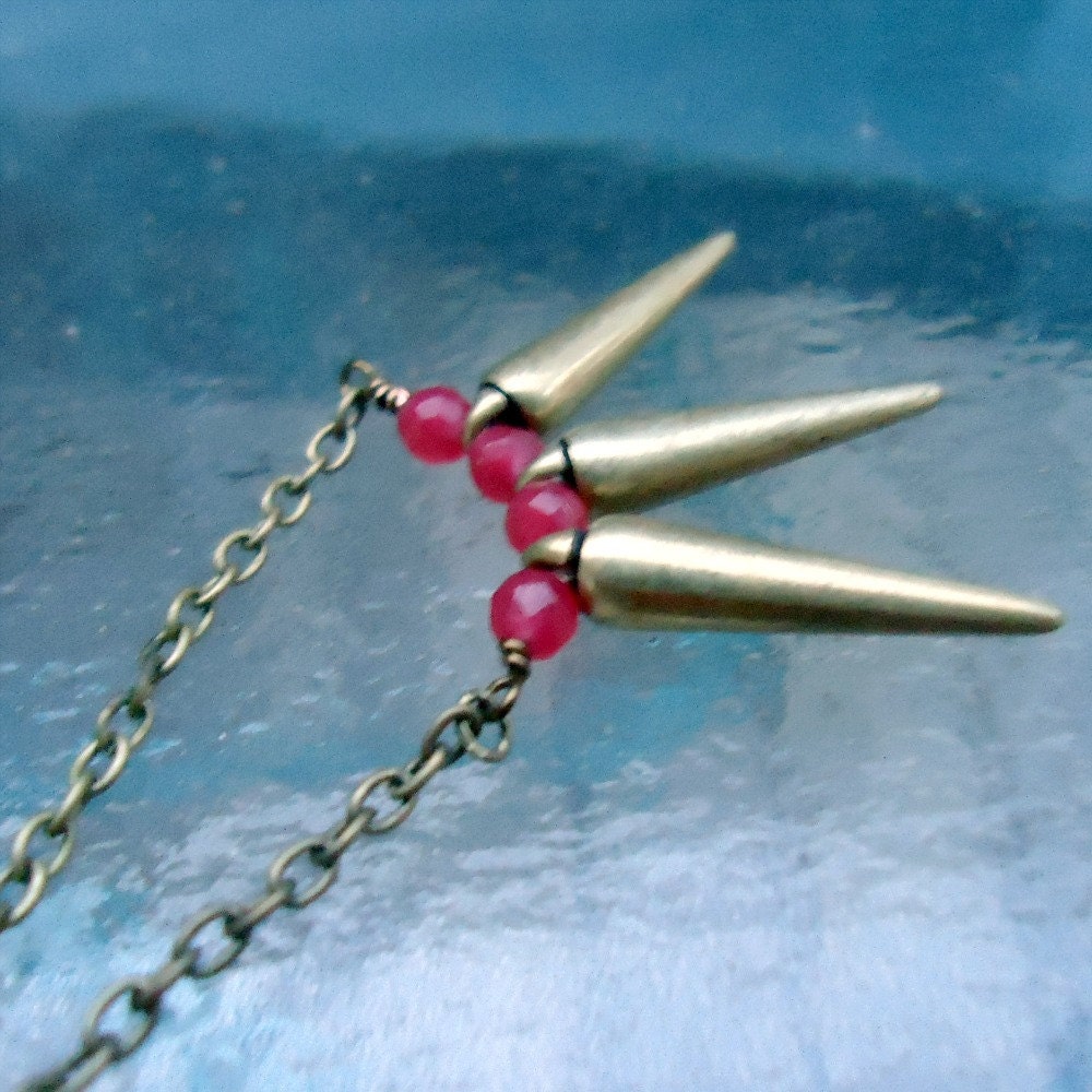 Spike Necklace Brass Jewelry Pink Jade Jewellery Chain Steampunk Goth ...