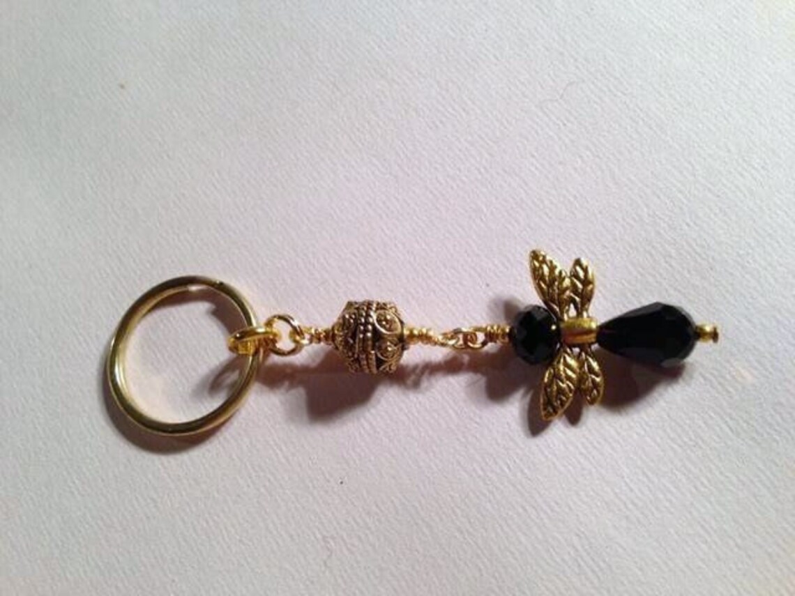 Dragonfly Keychain Gold Key Ring Black Crystal Beads Unique Bug Nature ...