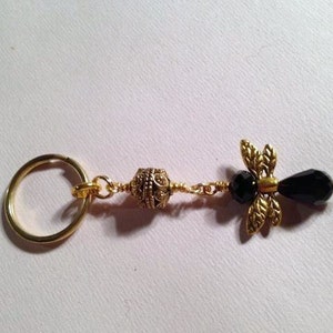 Dragonfly Keychain Gold Key Ring Black Crystal Beads Unique Bug Nature ...