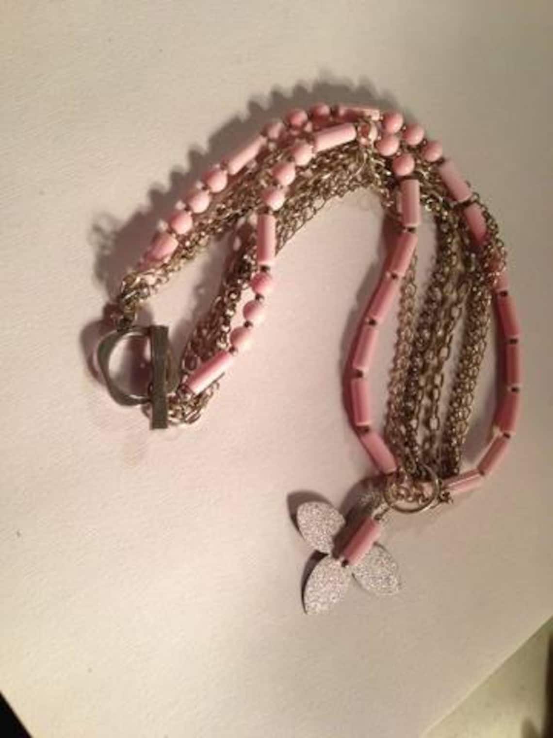 Pink Necklace - Multi Chain Necklace - Silver Jewelry - Beaded ...