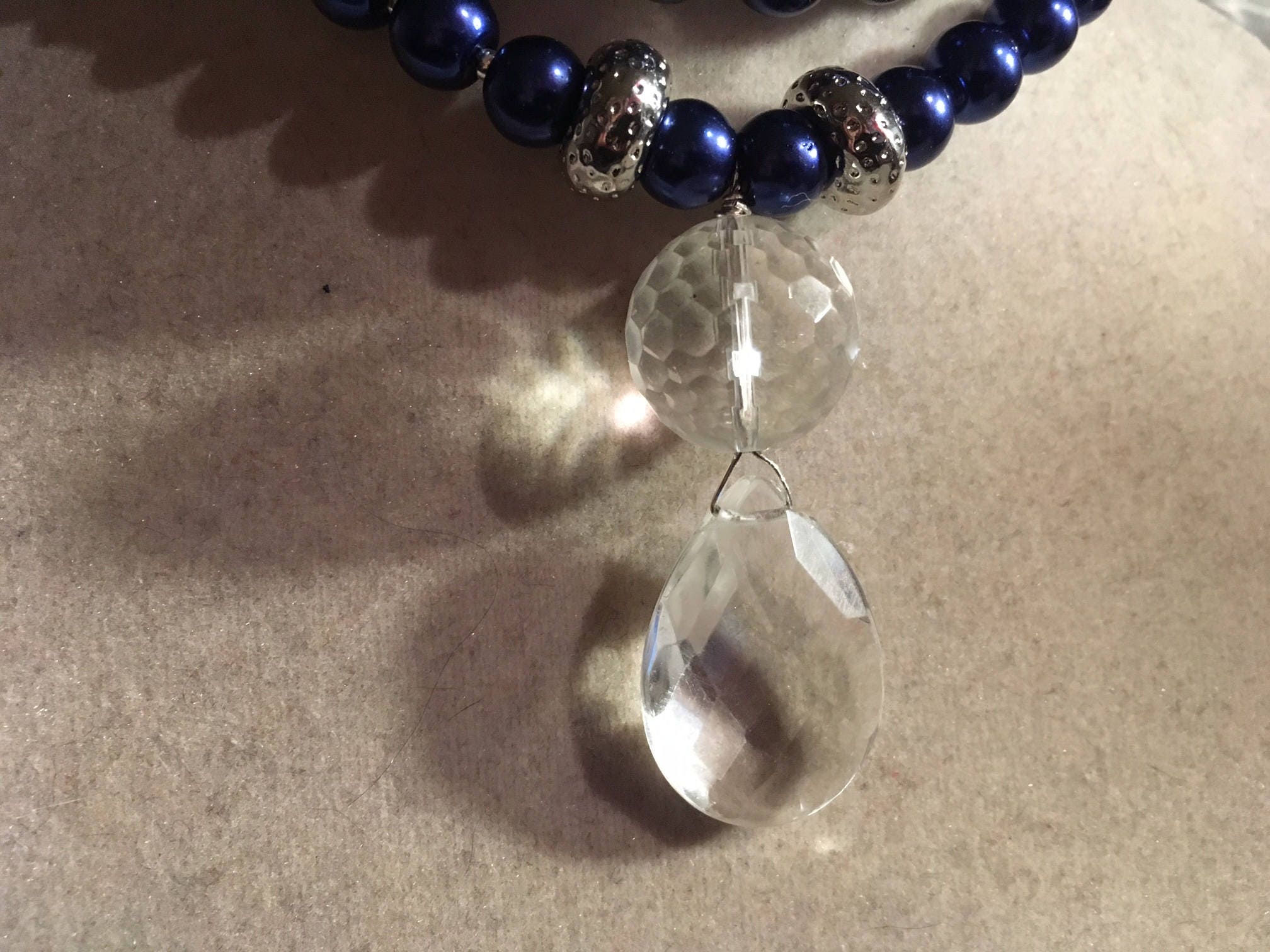 Navy Blue Necklace Beaded Jewelry Silver Jewellery Long Clear Crystal ...
