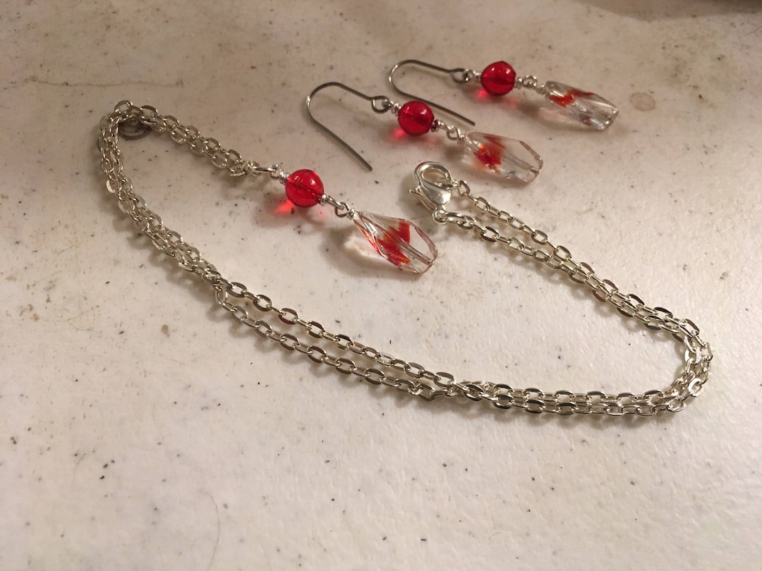 Red Necklace - Jewelry Set - Earrings - Silver Jewellery - Pendant ...