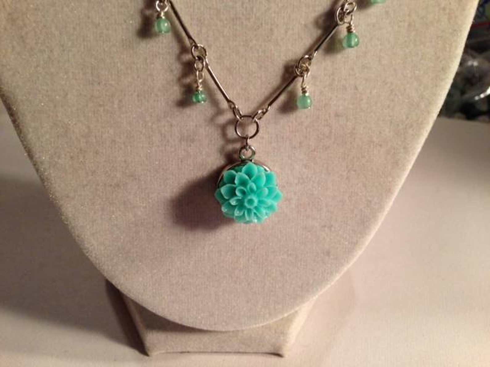 Teal Necklace - Flower Pendant - Silver Jewelry - Chain Jewellery ...