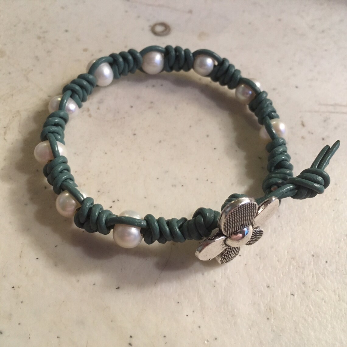 Sage Green Bracelet - Macrame Jewelry - White Pearl Gemstones - Leather ...