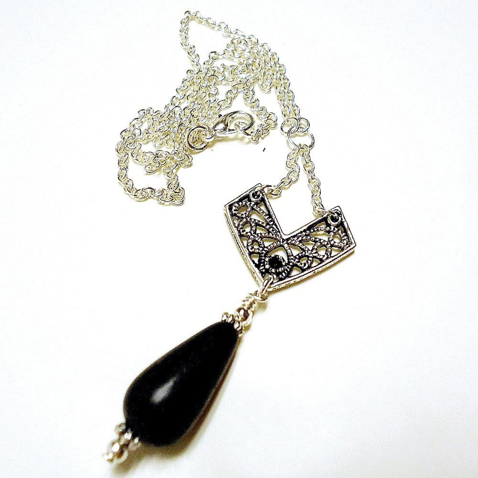 Black Necklace - Pendant Jewellery - Bridesmaid Jewelry - Silver ...